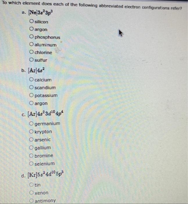Solved Which element does each of the following abbreviated | Chegg.com