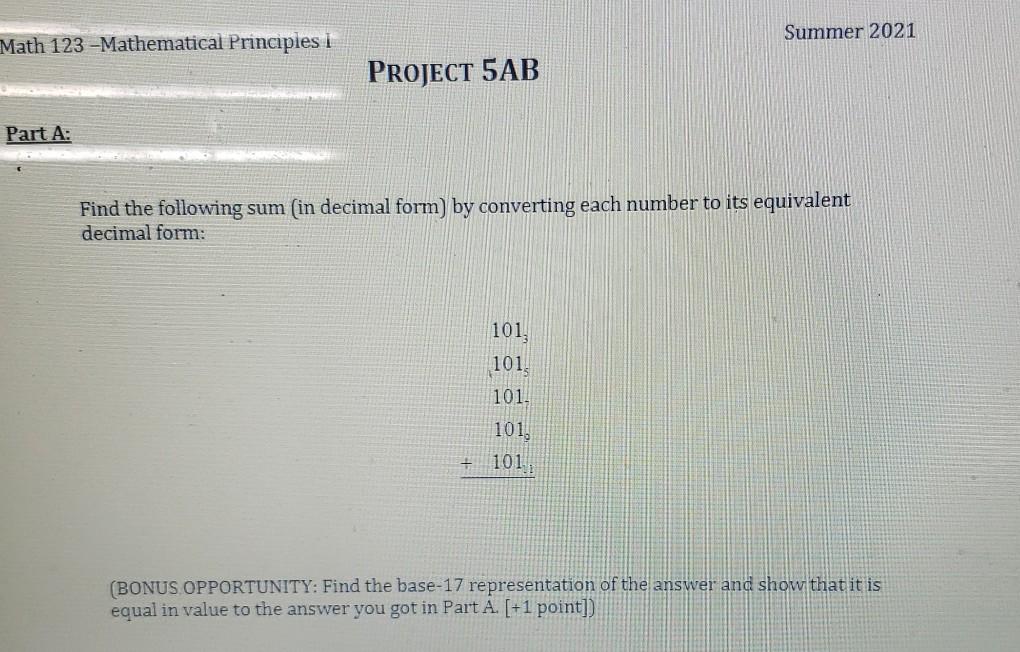 Solved PROJECT 5AB Part A: Find the following sum (in | Chegg.com