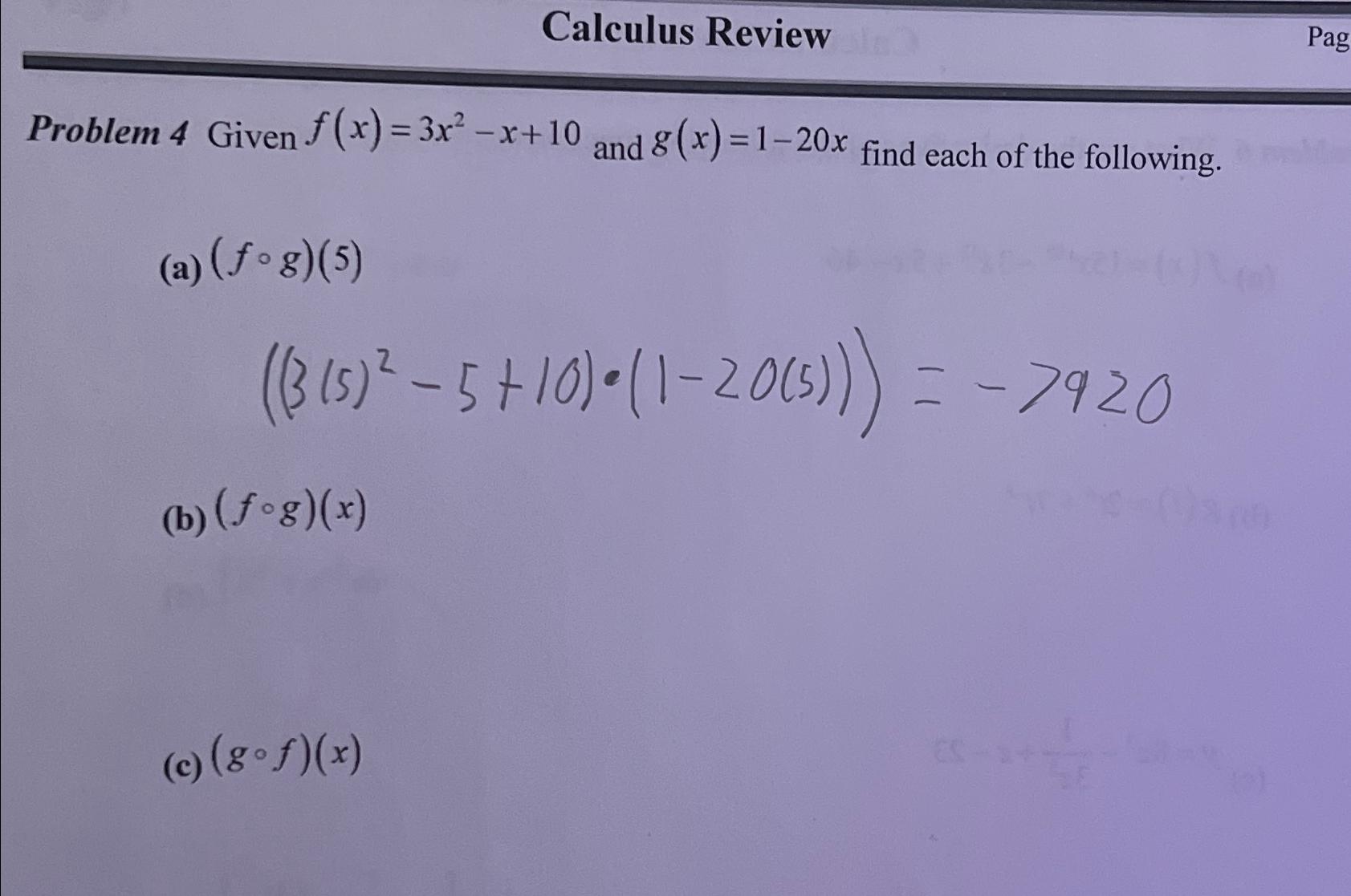 Solved Calculus ReviewProblem 4 ﻿Given f(x)=3x2-x+10 ﻿and | Chegg.com