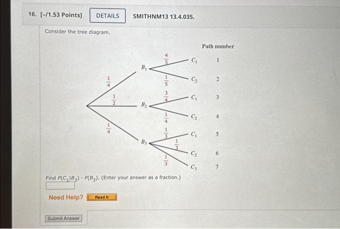 Solved Consider the tree diagram. Find P(C1∣B2)⋅P(B2). | Chegg.com