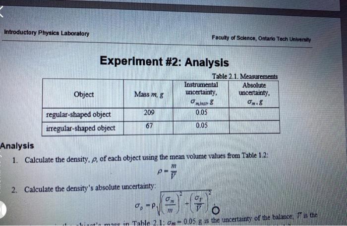 Introductory Physics Laboratory Object Experiment #2: | Chegg.com