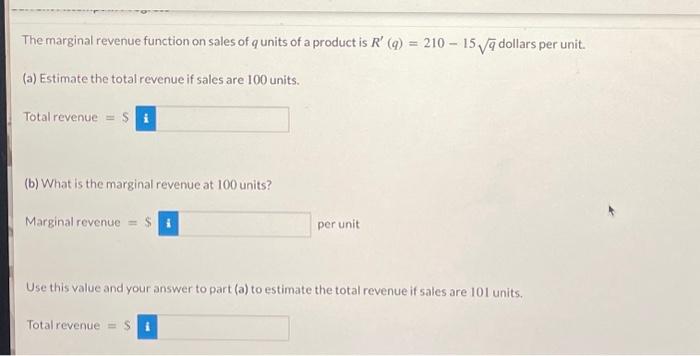 Solved The marginal revenue function on sales of q units of | Chegg.com