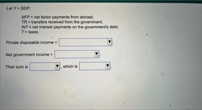 Solved Let Y= GDP; NFP= net factor payments from abroad; TR= | Chegg.com