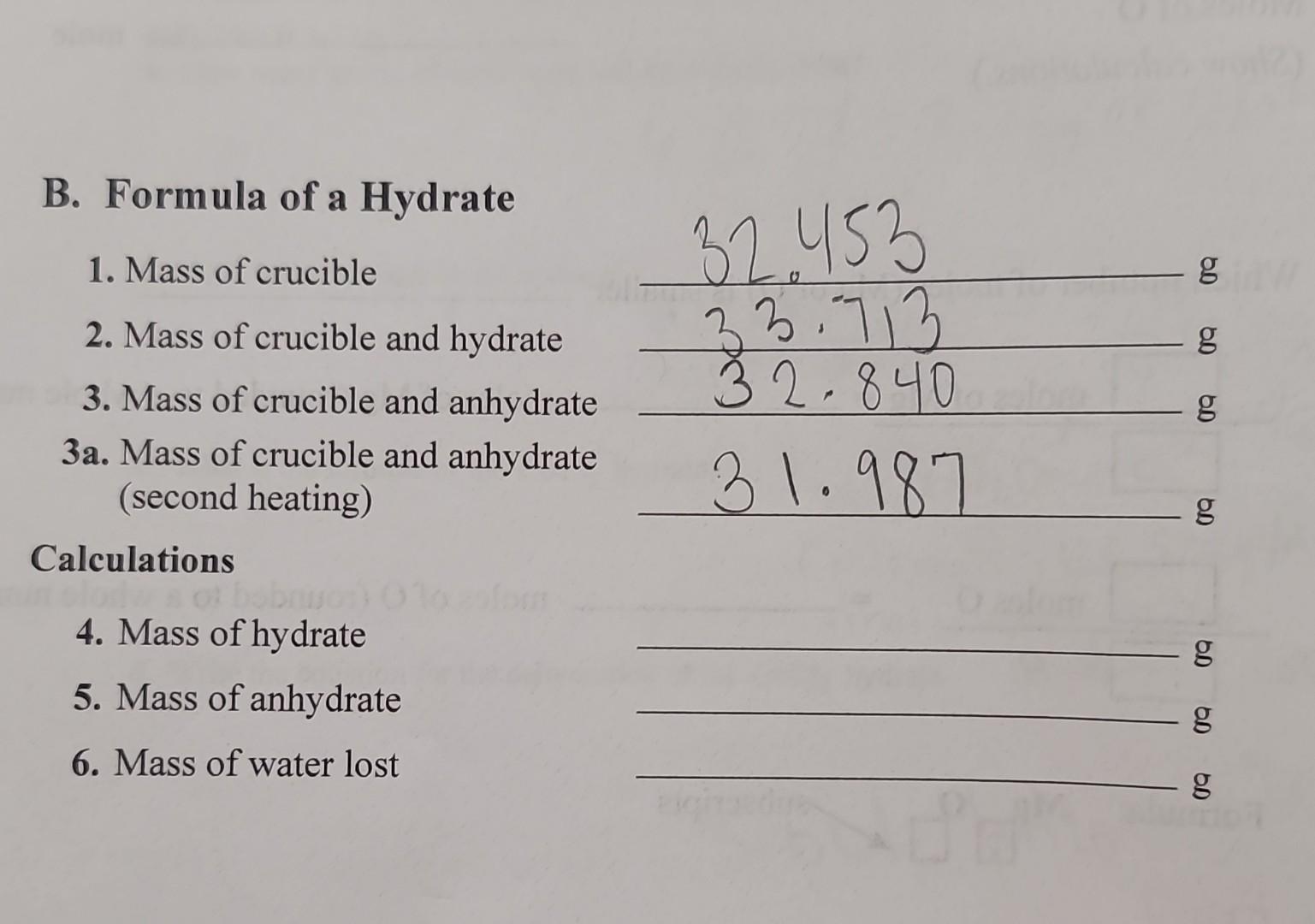 Solved B. Formula of a Hydrate 1. Mass of crucible 2. Mass | Chegg.com