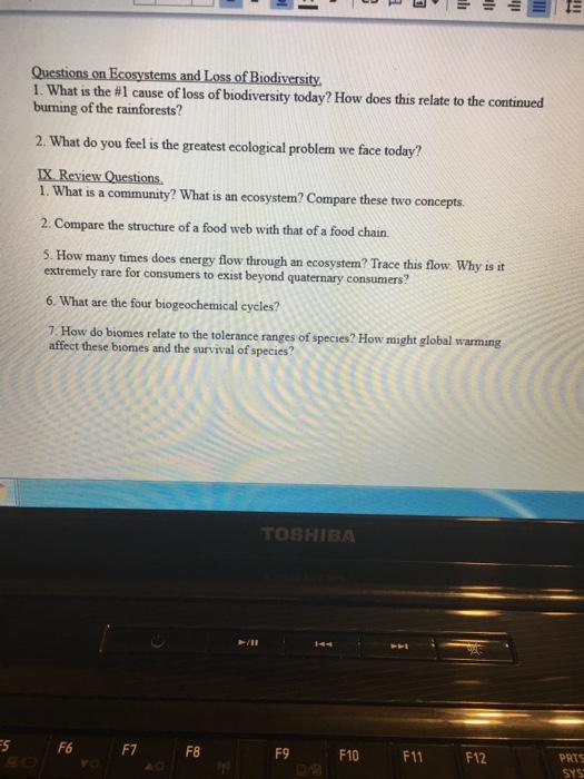 Solved ali 1 ili Questions on Ecosystems and Loss of | Chegg.com