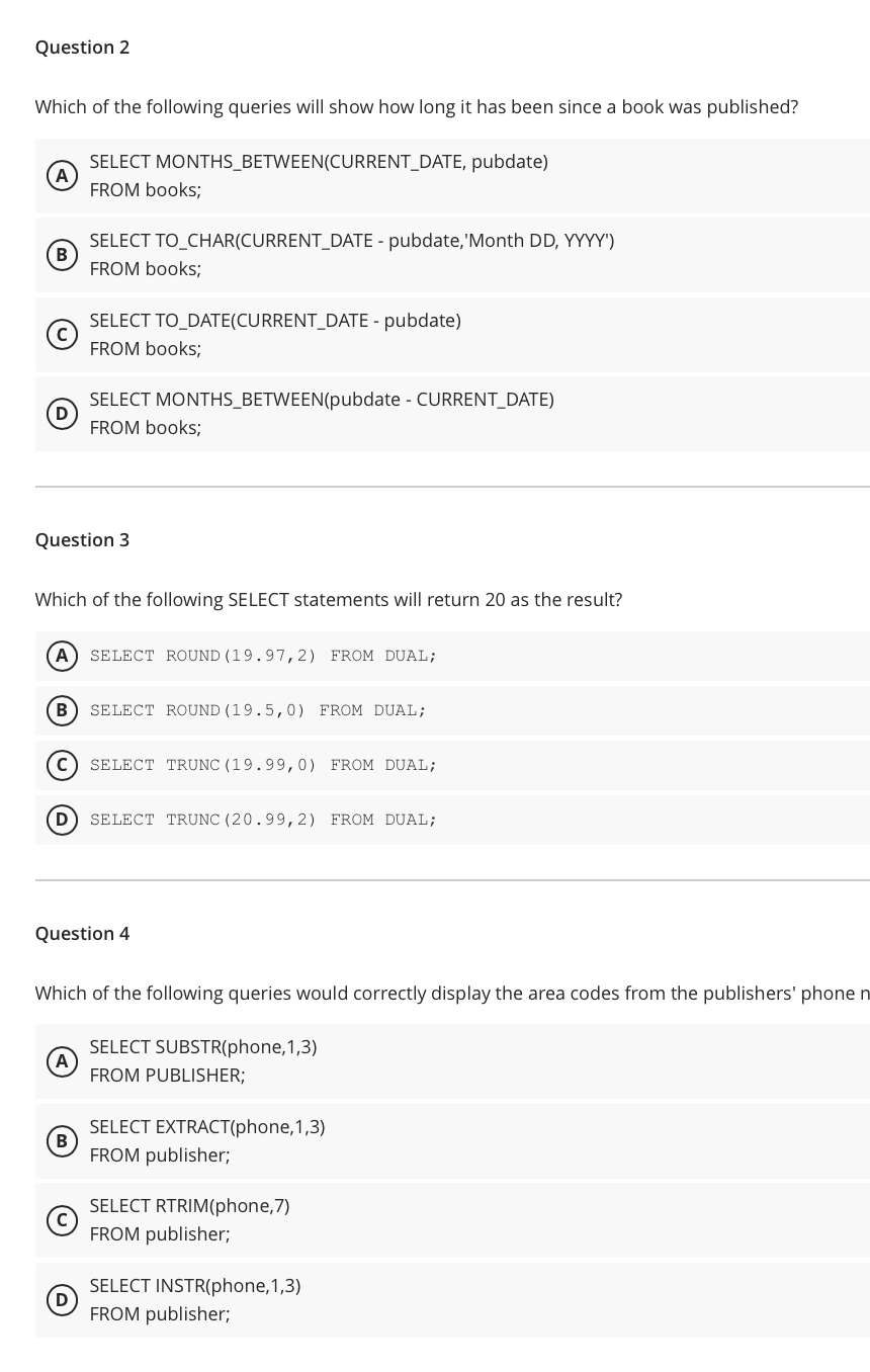 Solved Question 2Which of the following queries will show | Chegg.com