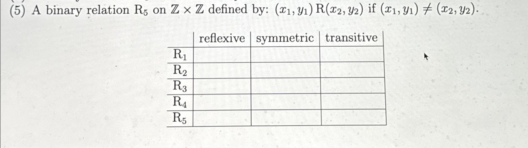 (5) A binary relation R_(5) on Z\\\\times Z defined | Chegg.com