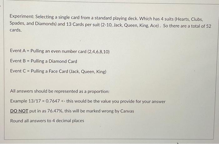 Solved Experiment: Selecting a single card from a standard | Chegg.com
