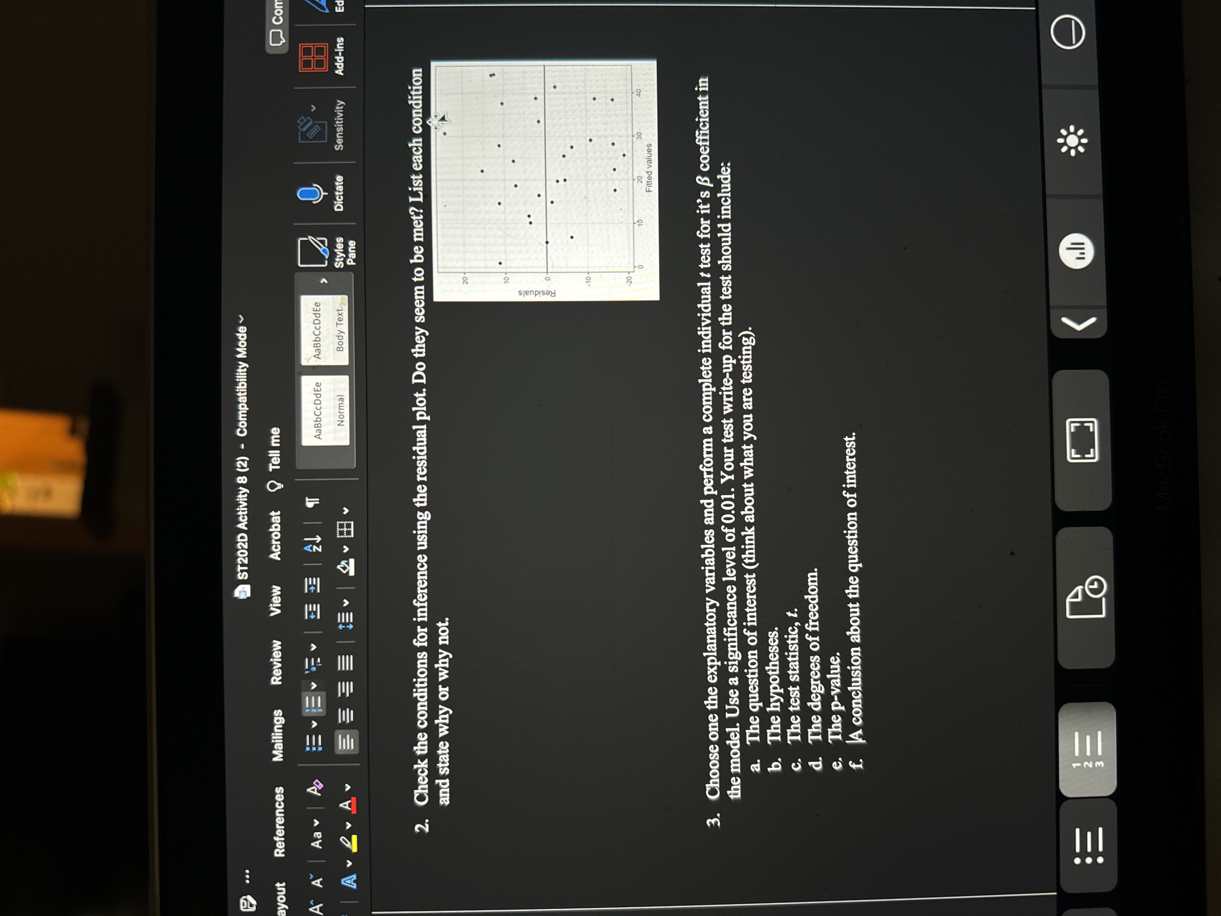 Check the conditions for inference using the residual | Chegg.com