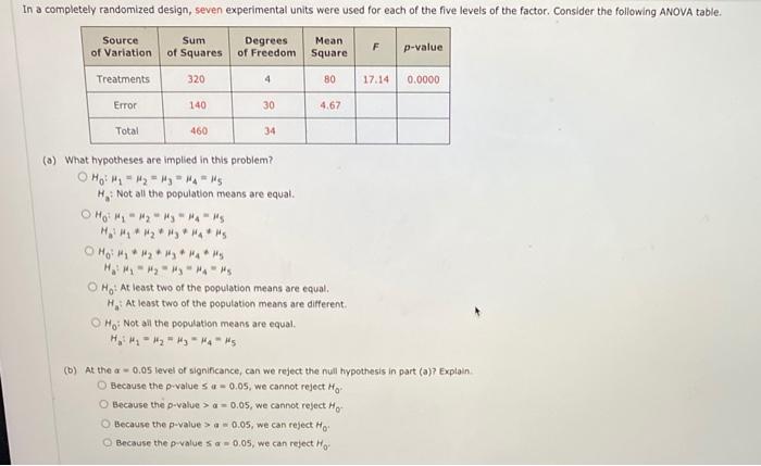 Solved In a completely randomized design, seven experimental | Chegg.com