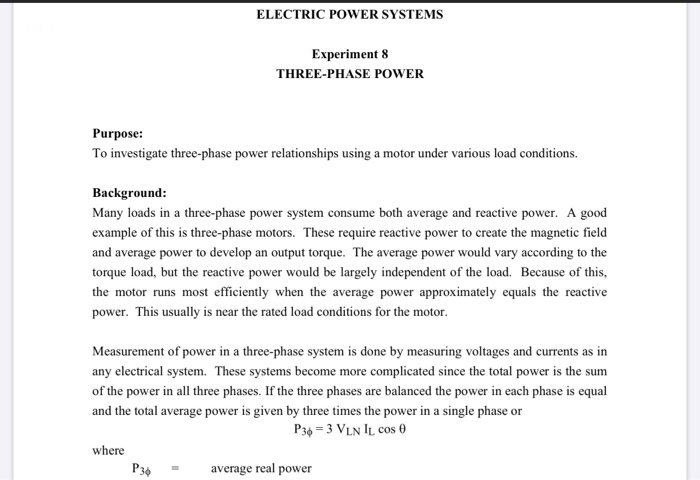 ELECTRIC POWER SYSTEMS Experiment 8 THREE-PHASE POWER | Chegg.com