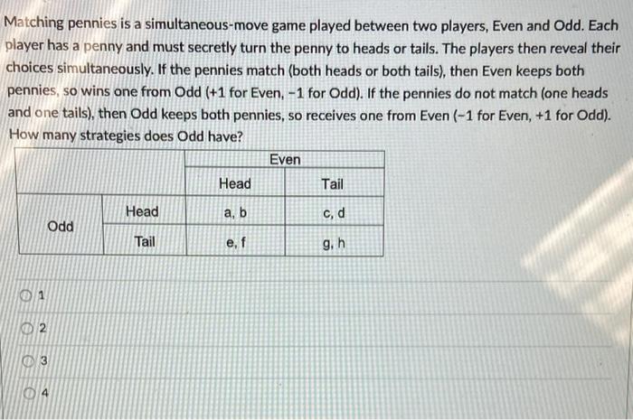 Solved Matching pennies is a simultaneous-move game played | Chegg.com