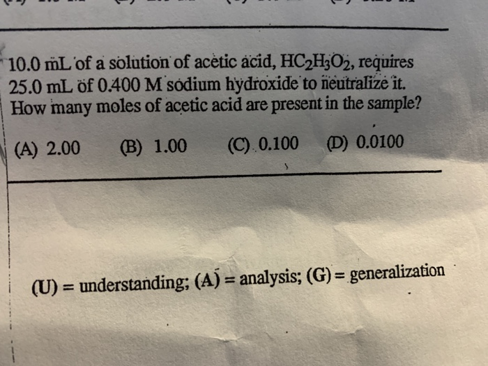 Solved 10.0 mL'of a solution of acètic acid, HC2H3O2, | Chegg.com