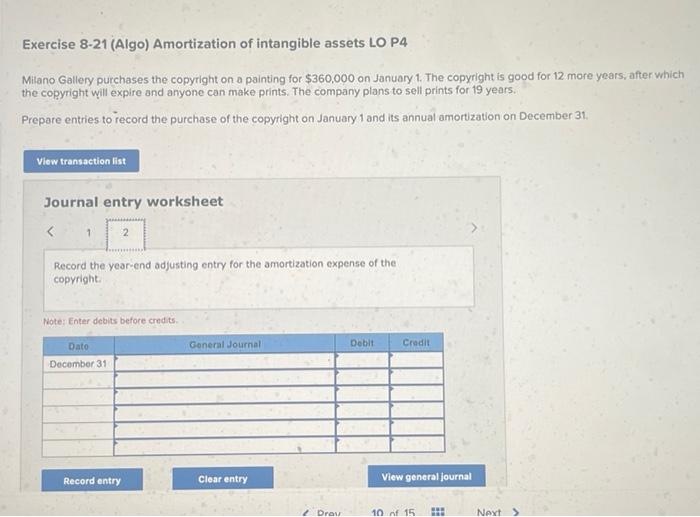 Solved Exercise 8-21 (Algo) Amortization of intangible | Chegg.com