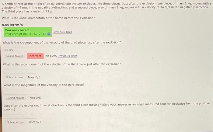 Solved A bomb at rest at the origin of an xy-coordinate | Chegg.com