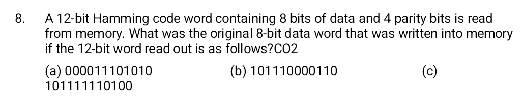 Solved A 12-bit Hamming code word containing 8 ﻿bits of data | Chegg.com