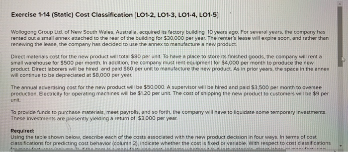 Solved Exercise 1-14 (Static) Cost Classification (L01-2, | Chegg.com