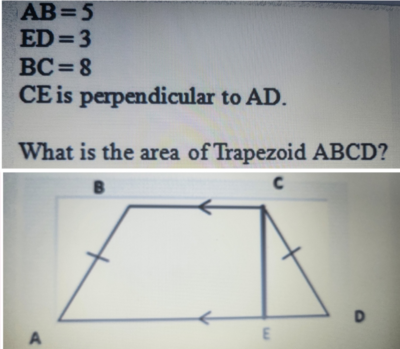Solved AB=5ED=3BC=8CE ﻿is perpendicular to AD.What is the | Chegg.com