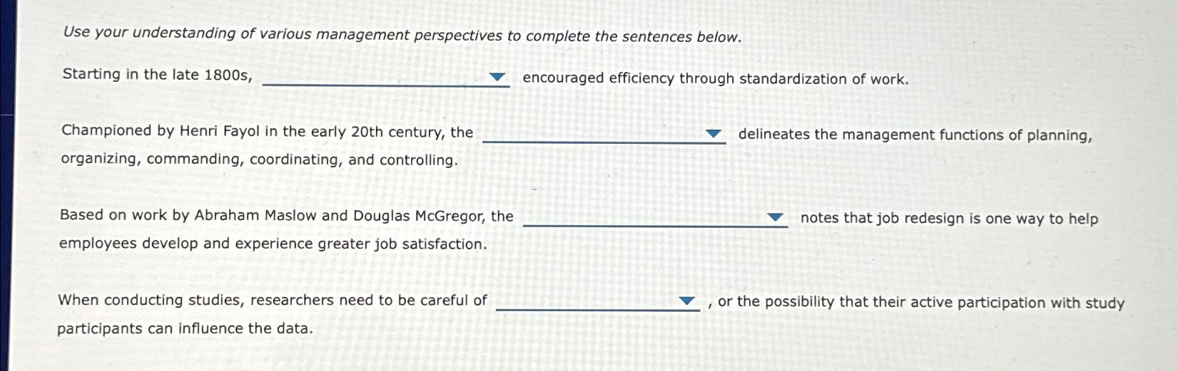 Solved Use your understanding of various management | Chegg.com
