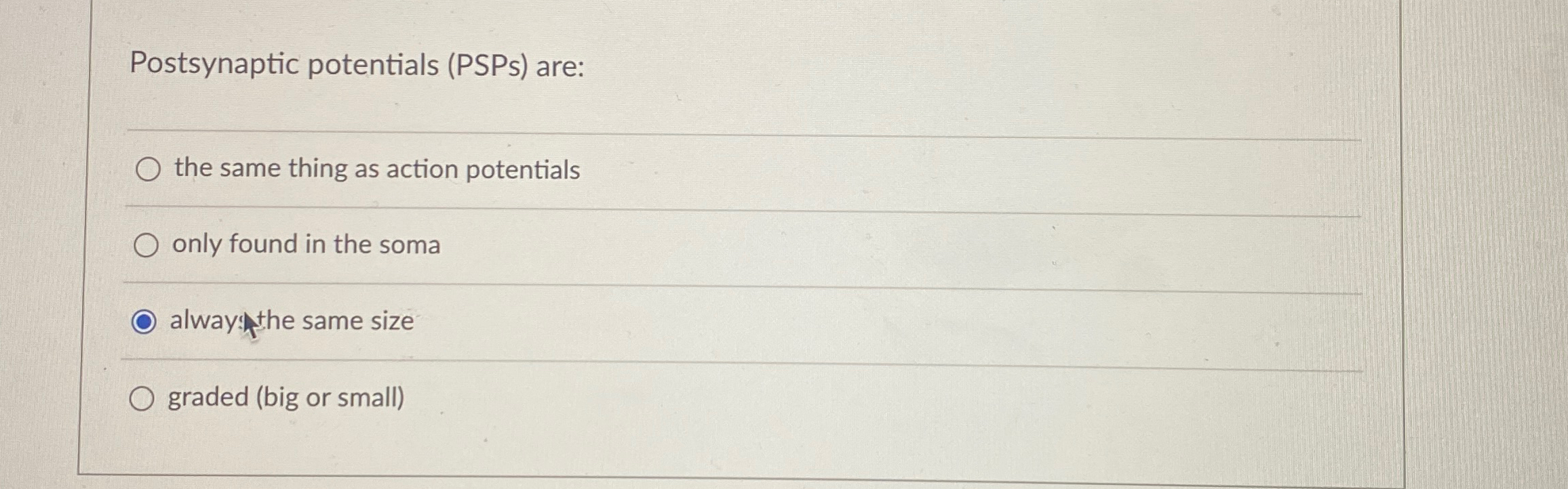 Solved Postsynaptic potentials (PSPs) ﻿are:q,the same thing | Chegg.com
