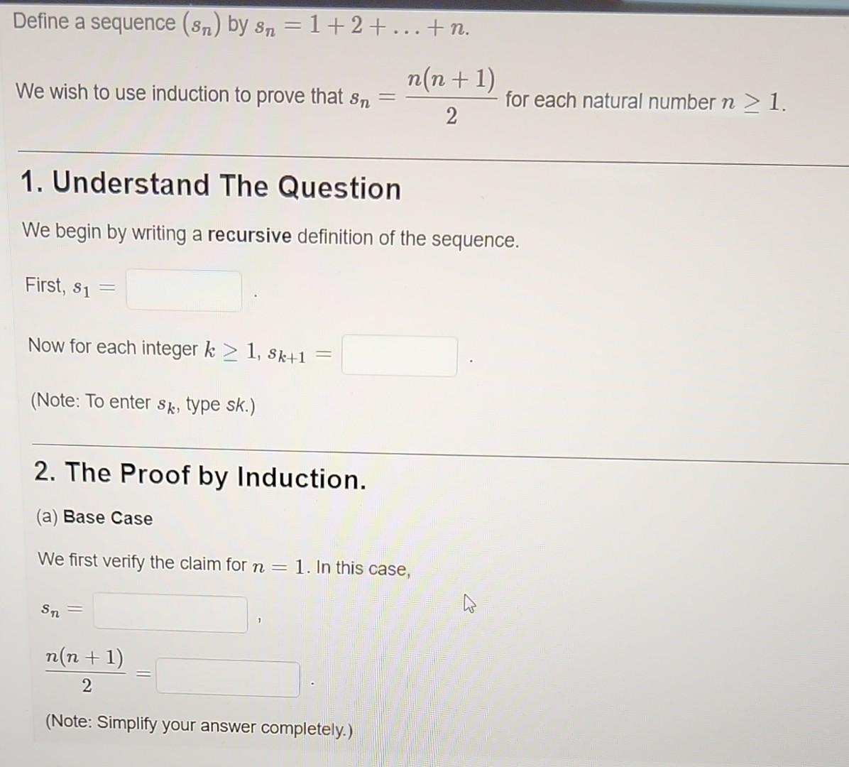 Solved Define a sequence (sn) by sn=1+2+…+n. We wish to use | Chegg.com