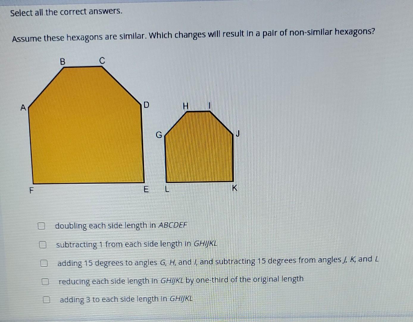 Solved Select all the correct answers. Assume these hexagons | Chegg.com