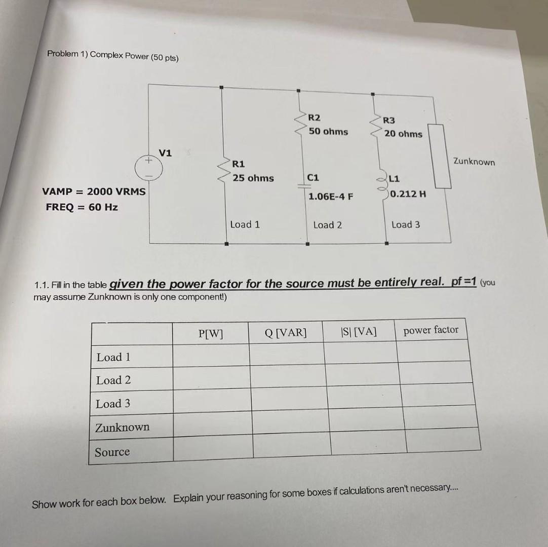 Solved Problem 1) Complex Power (50 pts) 1.1. Fill in the | Chegg.com