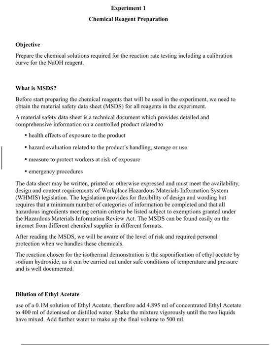 Experiment 1 Chemical Reagent Preparation Objective | Chegg.com