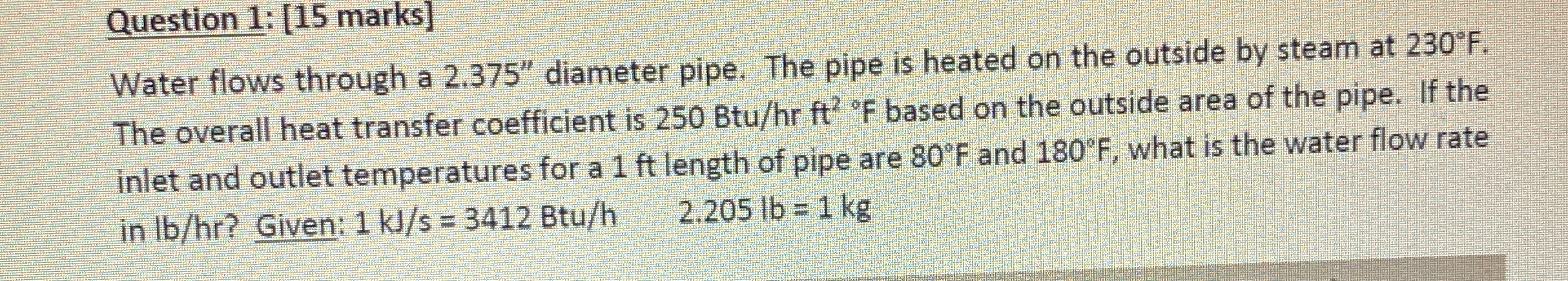 Solved Question 1: [15 ﻿marks]Water flows through a 2.375'' | Chegg.com