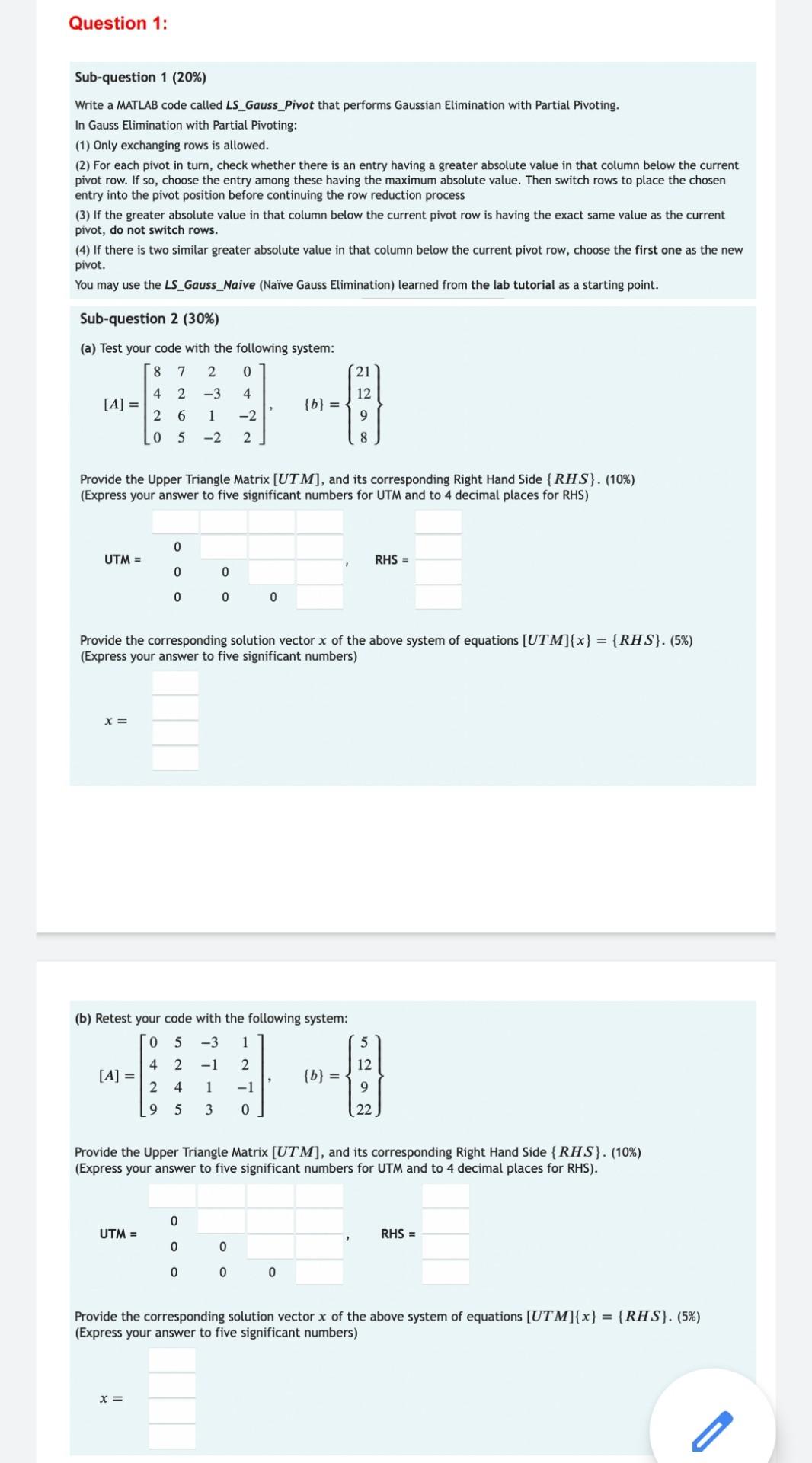 Question 1: Sub-question 1 (20%) Write a MATLAB code | Chegg.com