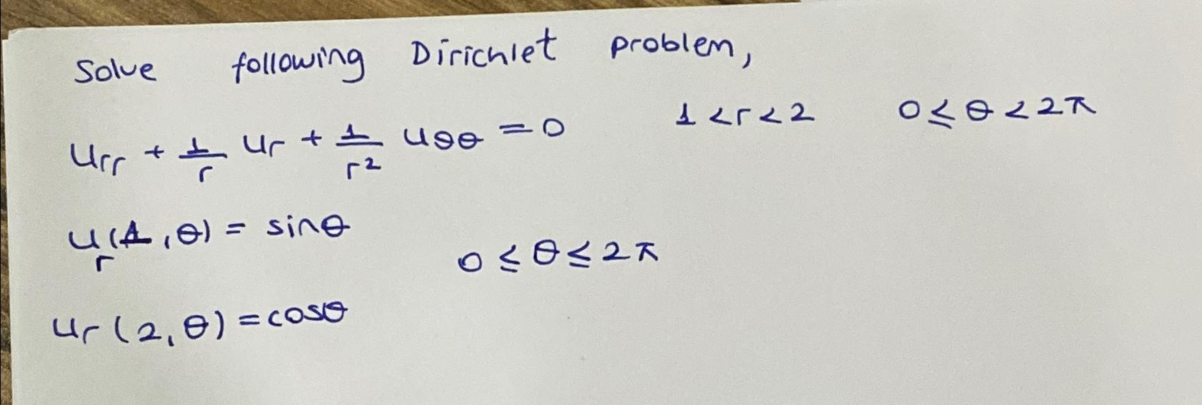 Solved Solve following Dirichlet problem,urr+1rur+1r2uθθ=0,1 | Chegg.com