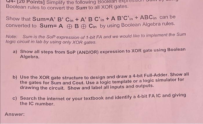 Solved [20 Points] Simplify the following Boolean Boolean | Chegg.com
