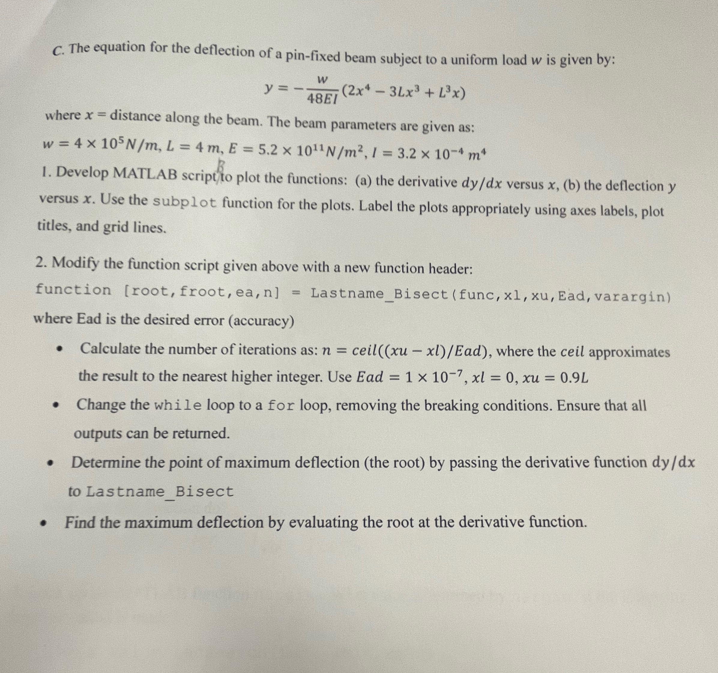 Solved C. ﻿The equation for the deflection of a pin-fixed | Chegg.com