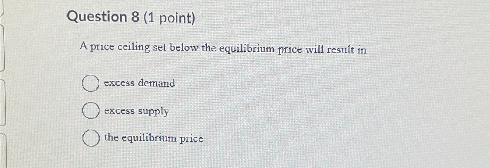 Solved Question 8 (1 ﻿point)A price ceiling set below the | Chegg.com