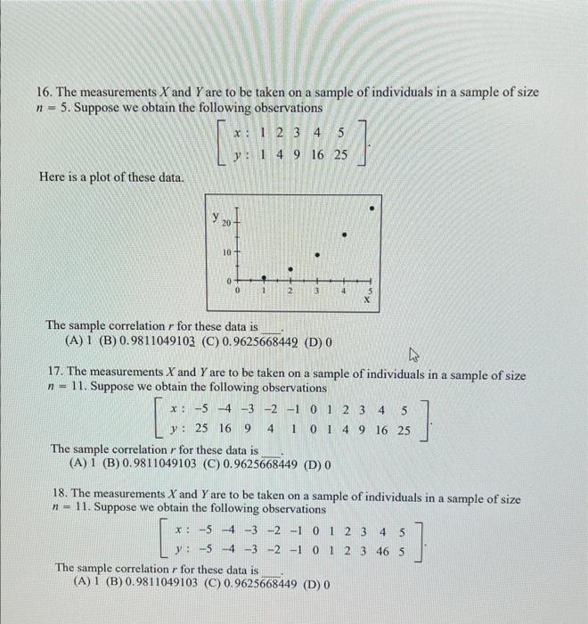 Solved 16. The measurements X and Y are to be taken on a | Chegg.com