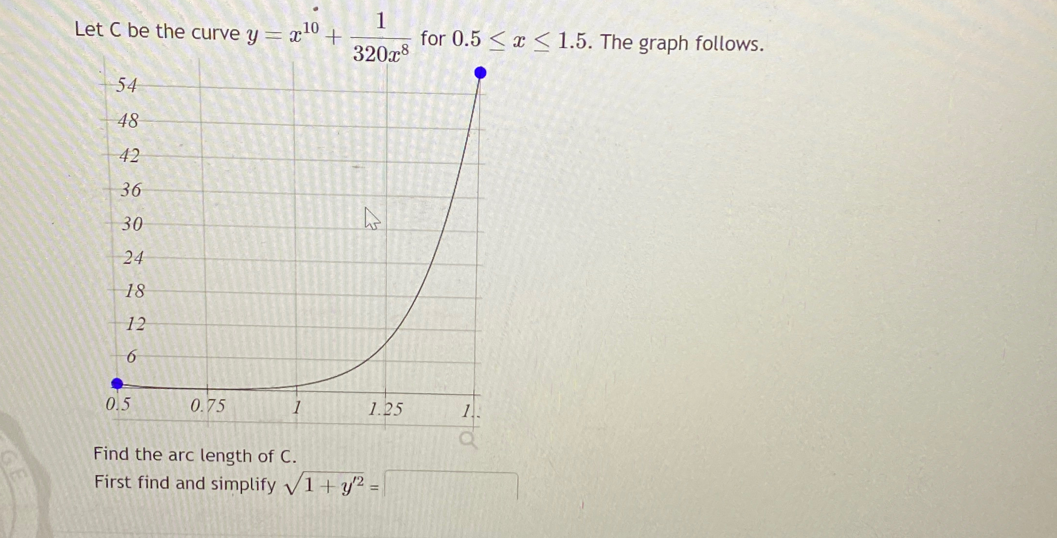 Solved Let C ﻿be the curve y=x10+1320x8 ﻿for 0.5≤x≤1.5. ﻿The | Chegg.com