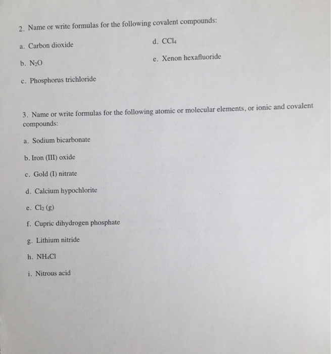Solved 2. Name or write formulas for the following covalent | Chegg.com