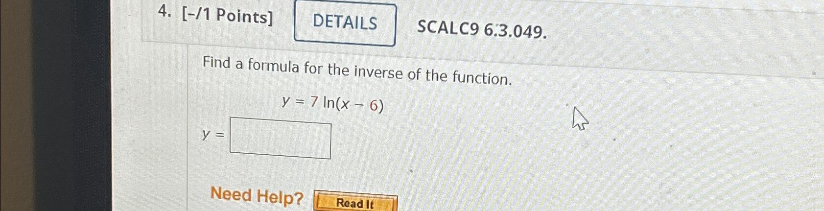 Solved [-/1 ﻿Points]SCALC9 6.3.049.Find a formula for the | Chegg.com