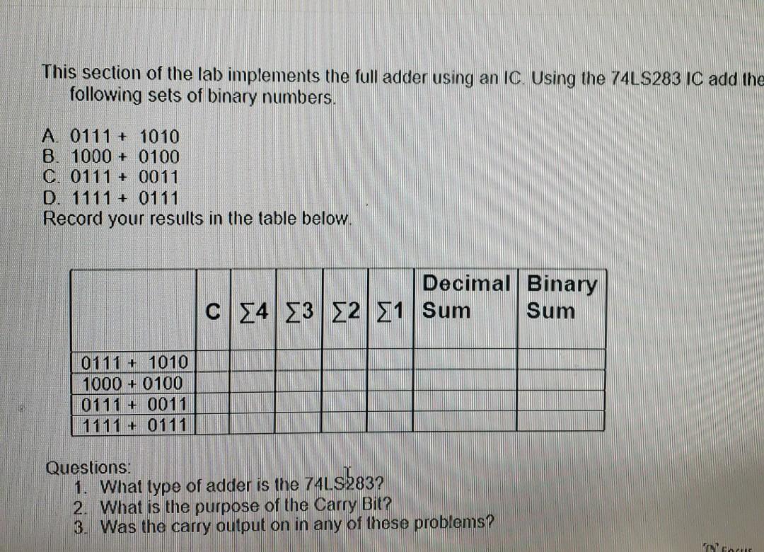 Solved This section of the lab implements the full adder | Chegg.com