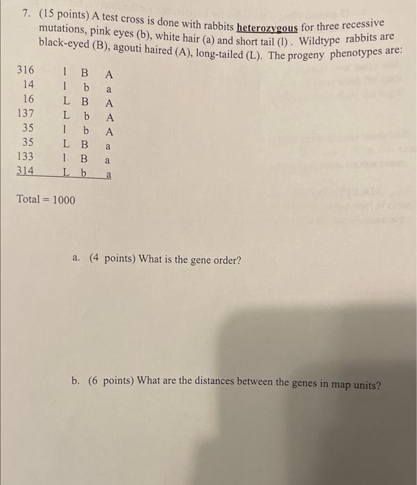 Solved 7. (15 points) A test cross is done with rabbits | Chegg.com