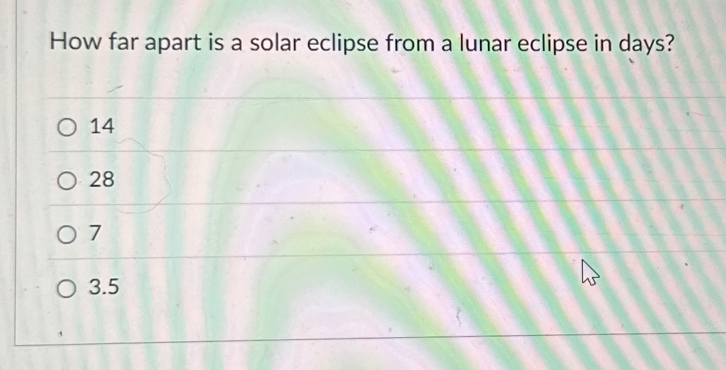 Solved How far apart is a solar eclipse from a lunar eclipse | Chegg.com