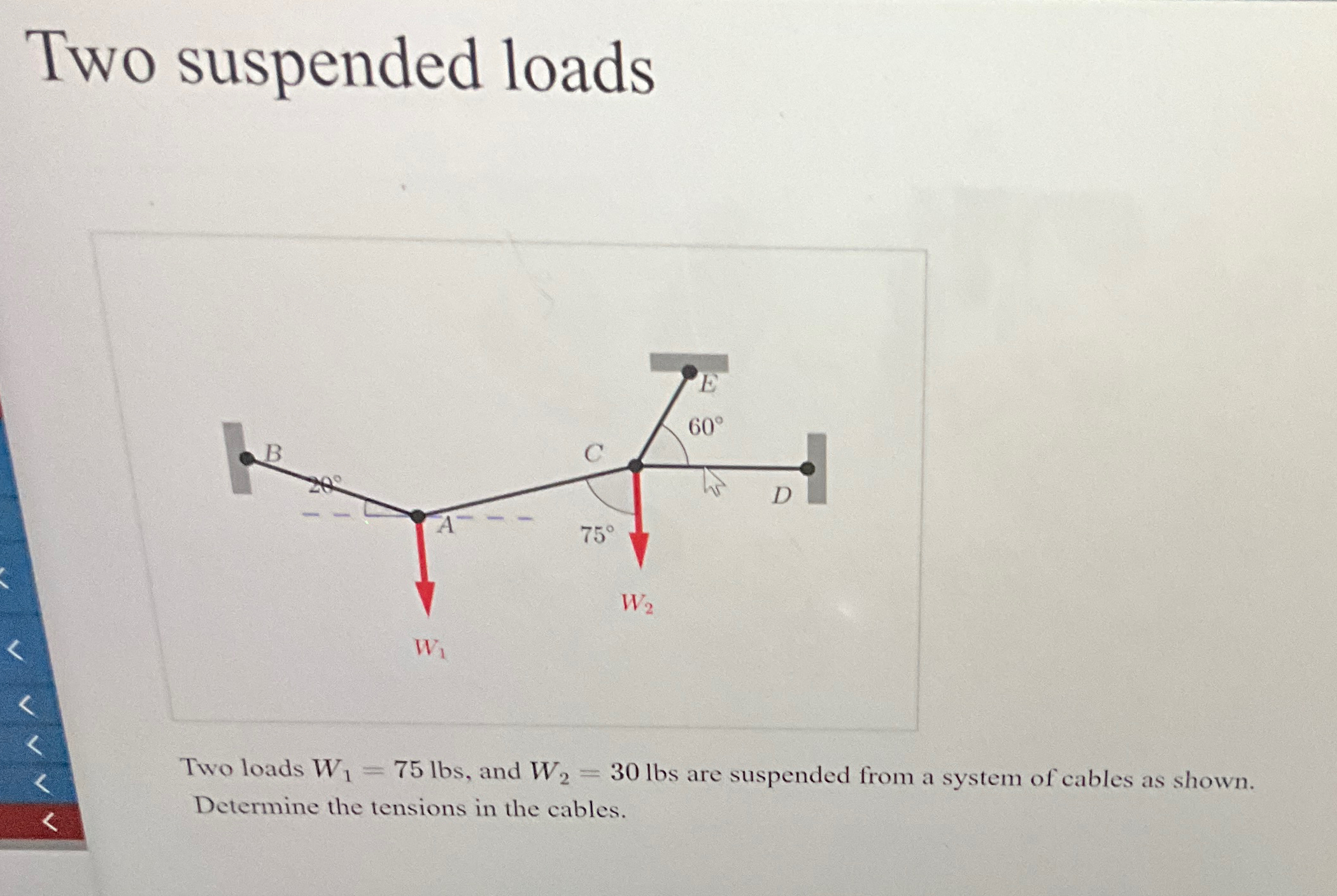 Solved Two suspended loadsTwo loads W1=75lbs, ﻿and W2=30lbs | Chegg.com