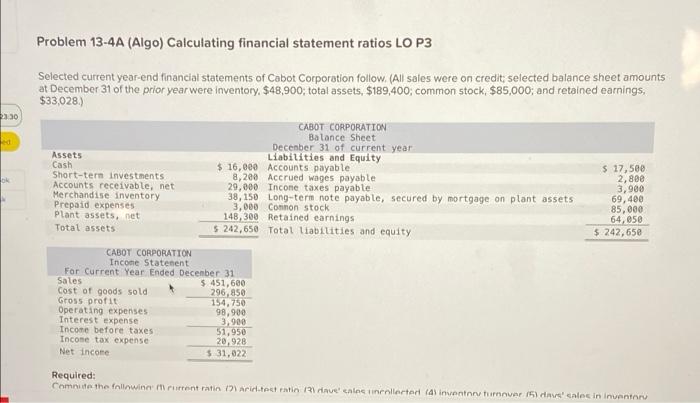 Solved Problem 13-4A (Algo) Calculating financial statement | Chegg.com