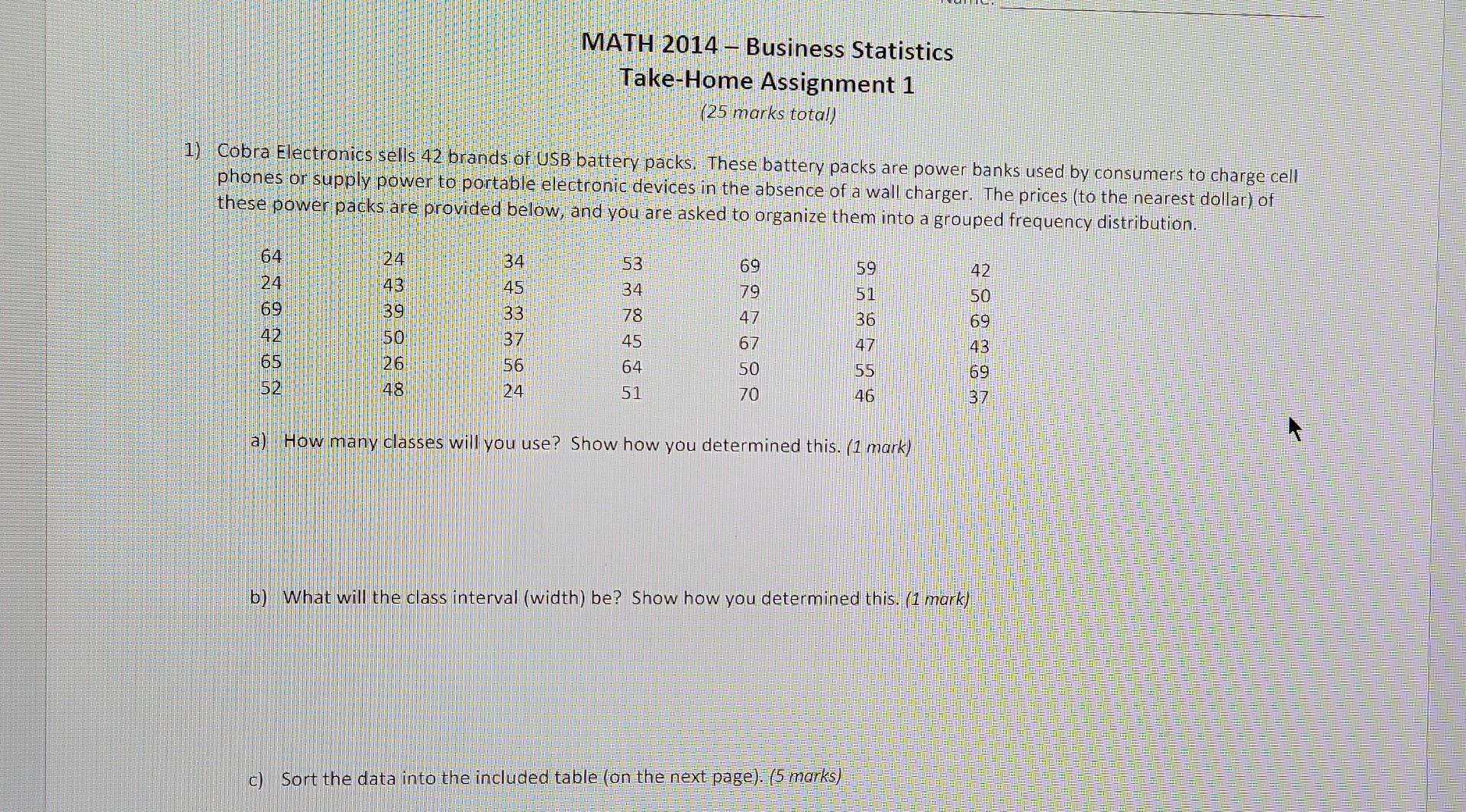 Solved MATH 2014 - Business Statistics Take-Home Assignment | Chegg.com