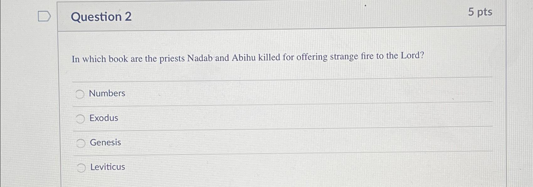 Solved Question 25 ﻿ptsIn which book are the priests Nadab | Chegg.com