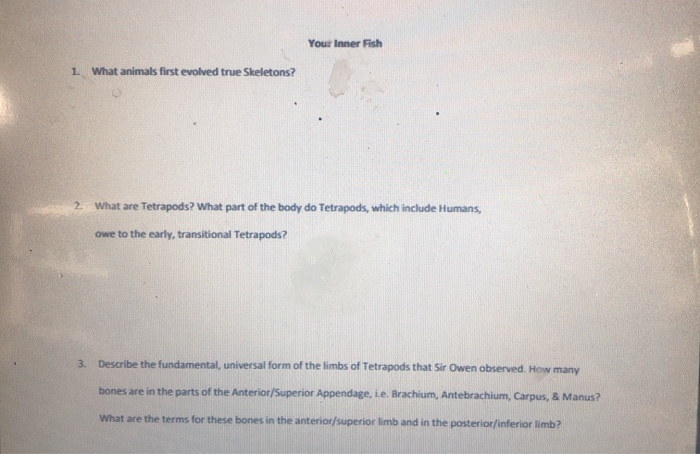 Solved Your Inner Fish 1. What animals first evolved true | Chegg.com