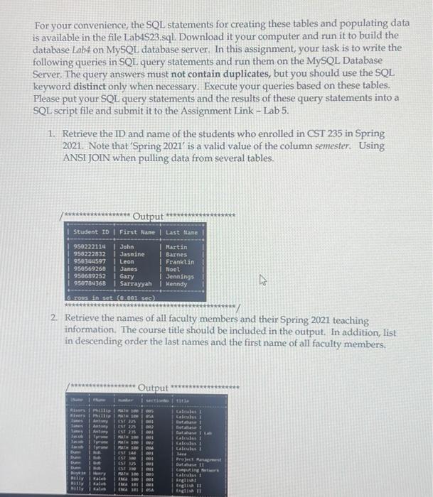 For your convenience, the SQL statements for creating | Chegg.com