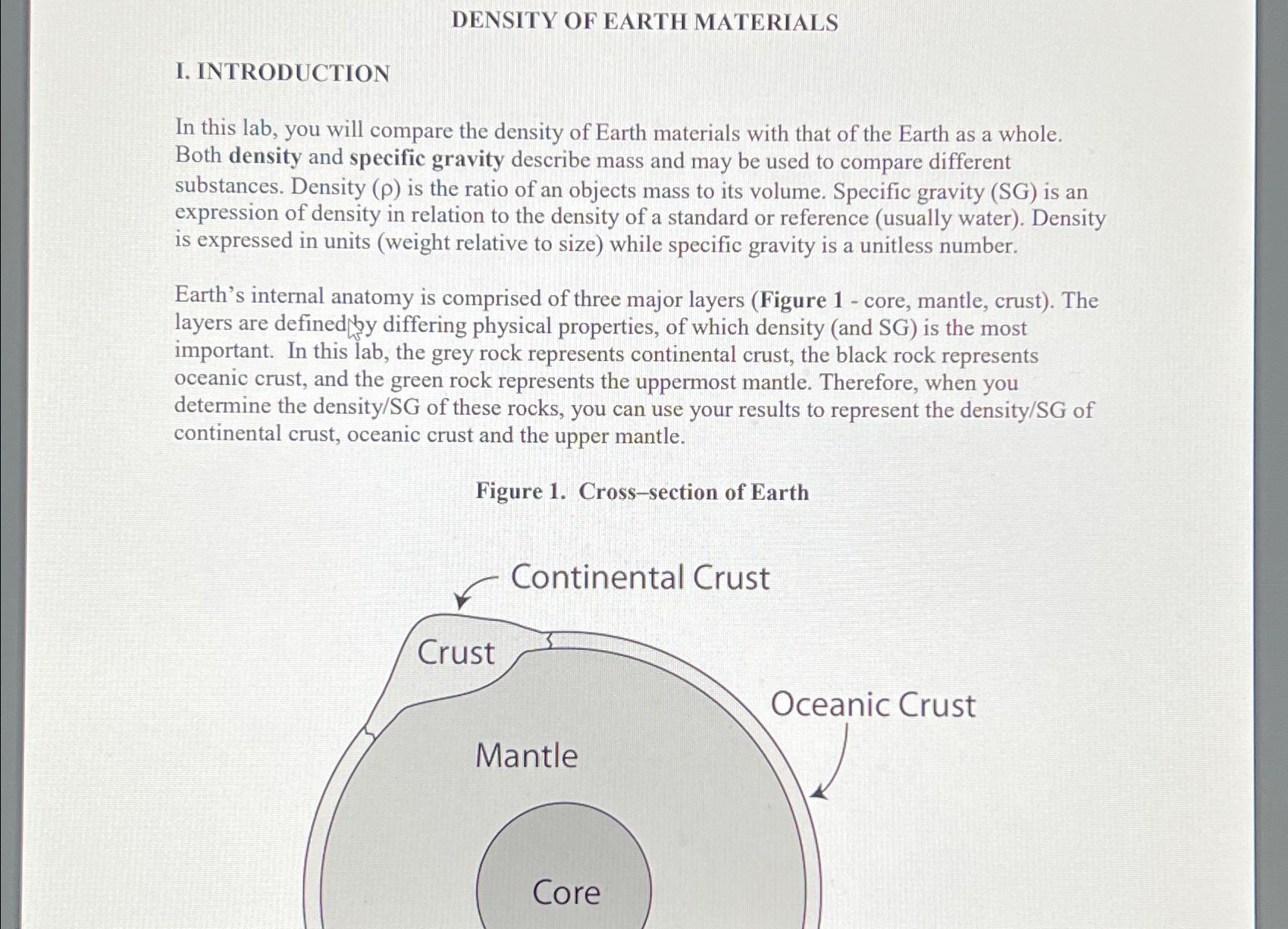 Solved DENSITY OF EARTH MATERIALSI. INTRODUCTIONIn this lab, | Chegg.com