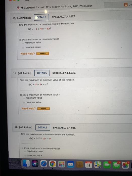 Solved Get Homework W ASSIGNMENT 3 - math 1015, section AA, | Chegg.com