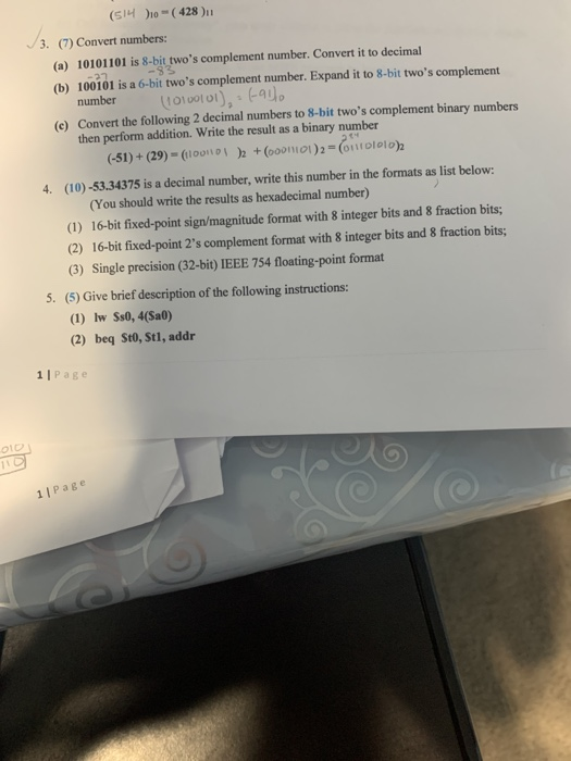 Solved (514) (428) 3. (7) Convert numbers: (a) 10101101 is | Chegg.com